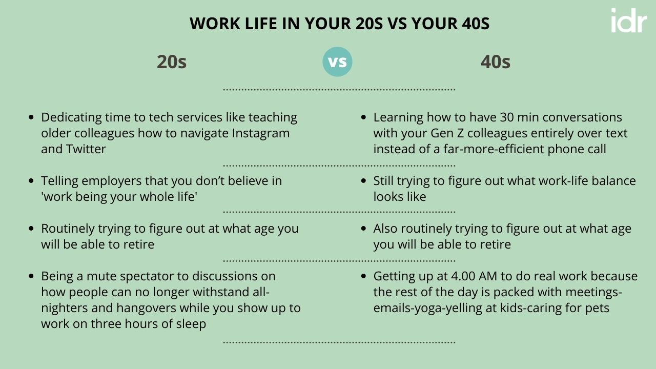 Work life in your 20s vs your 40s | Nonprofit humour | IDR